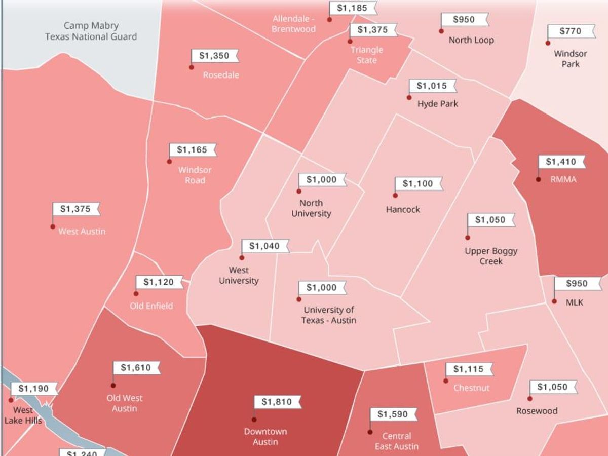 The map details Austin-area rent prices. - CultureMap Austin