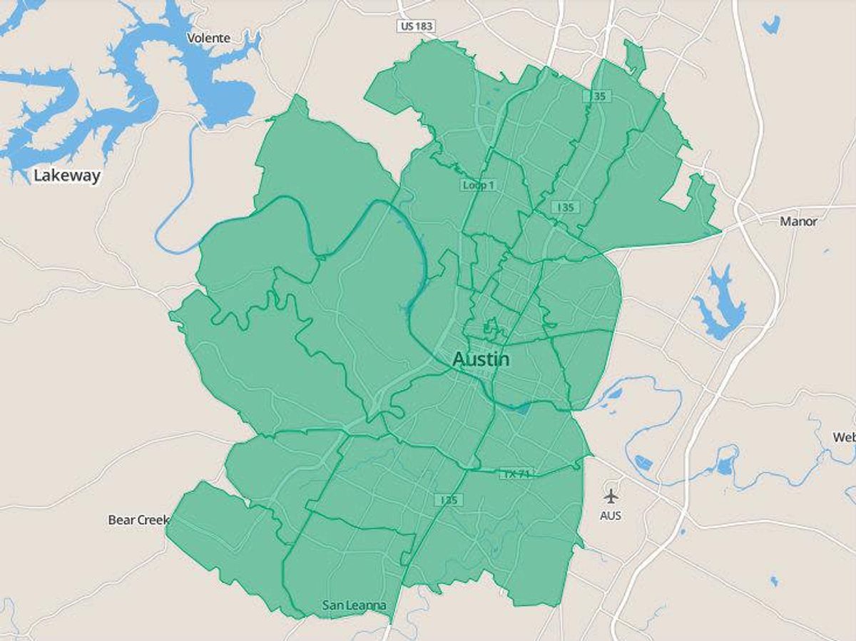 A map of the current delivery area in Austin. - CultureMap Austin