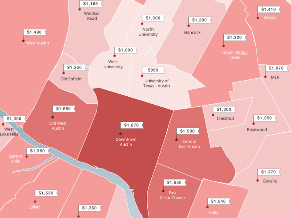 The map depicts rentals in downtown Austin and Old West Austin as the ...